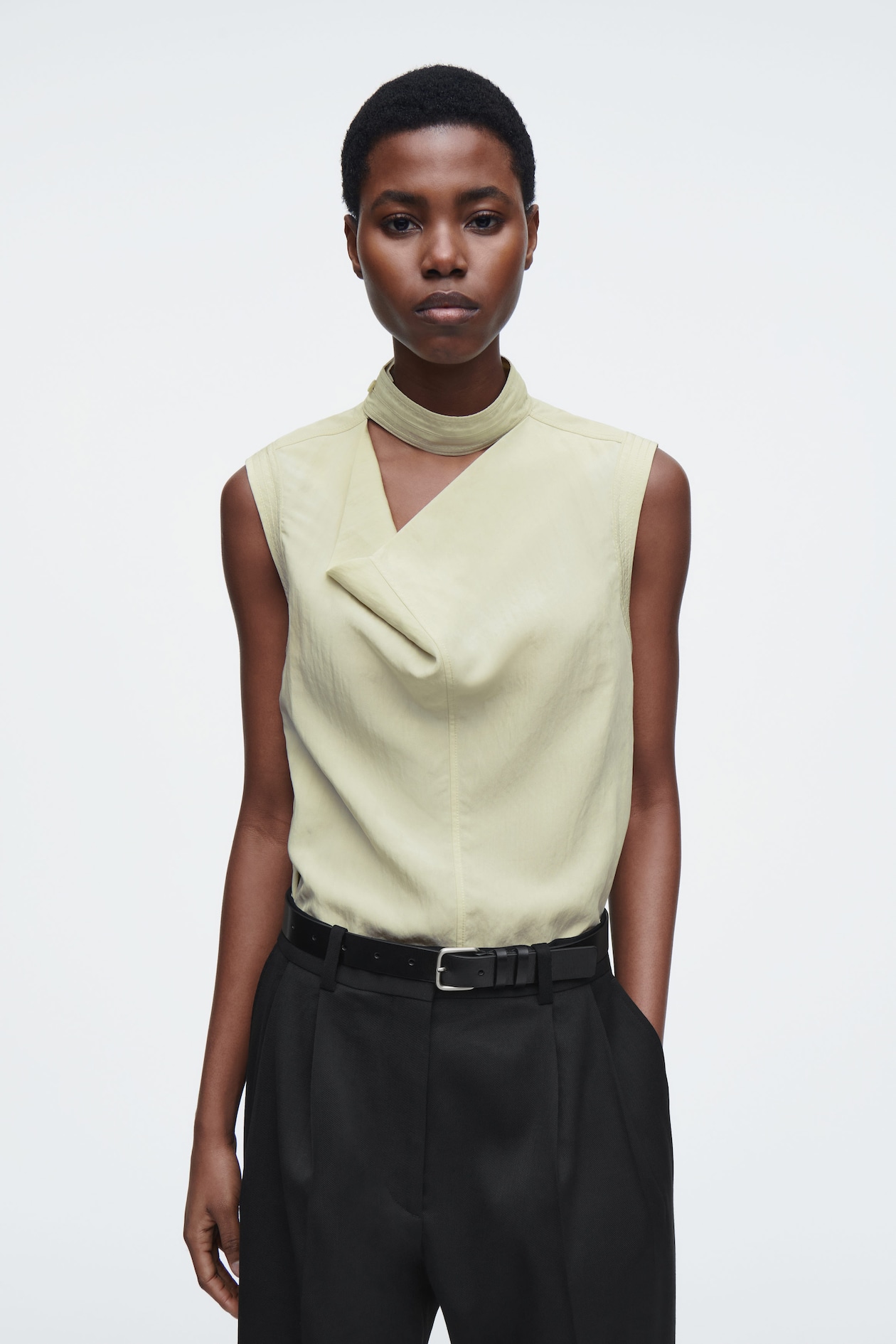 SLEEVELESS CUT-OUT COWL-NECK BLOUSE - LIGHT GREEN
