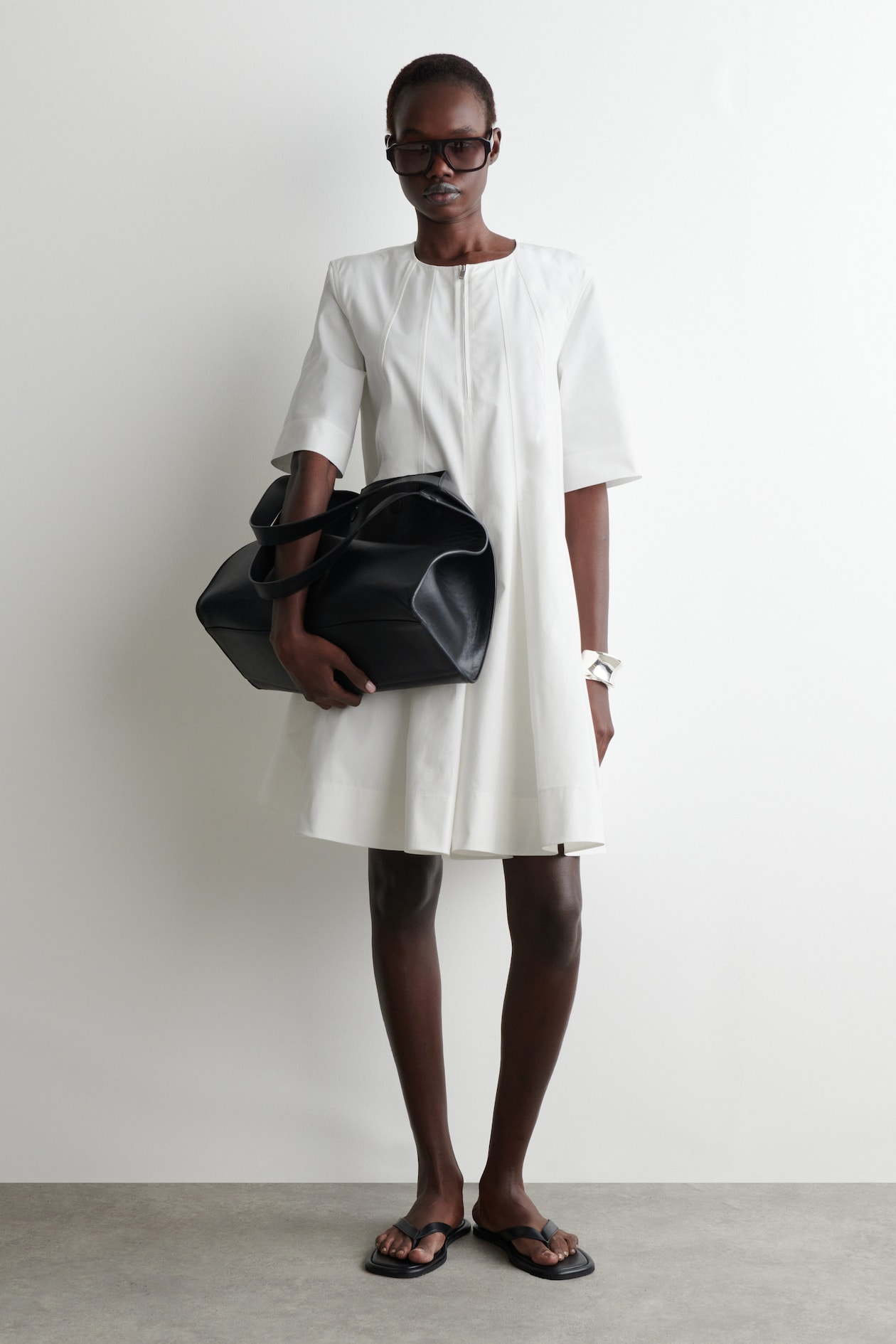 PLEATED ZIP-UP COTTON MINI DRESS - WHITE