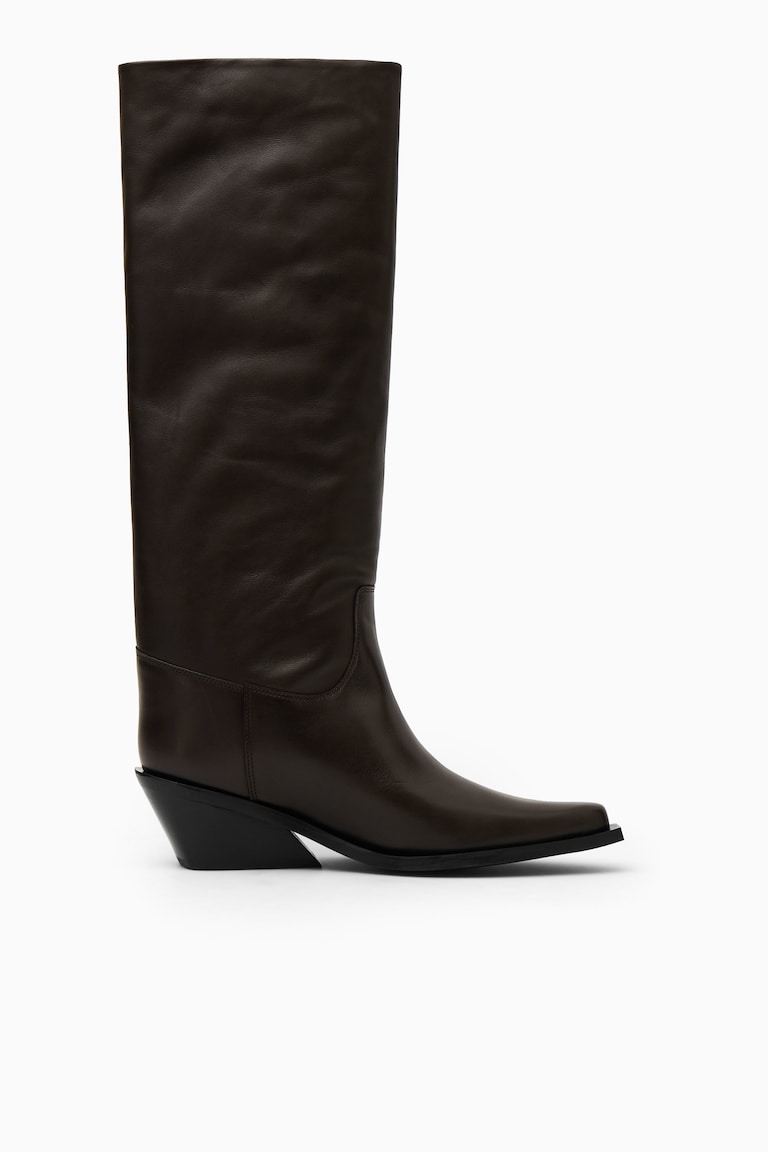 KNEE-HIGH LEATHER COWBOY BOOTS - DARK BROWN