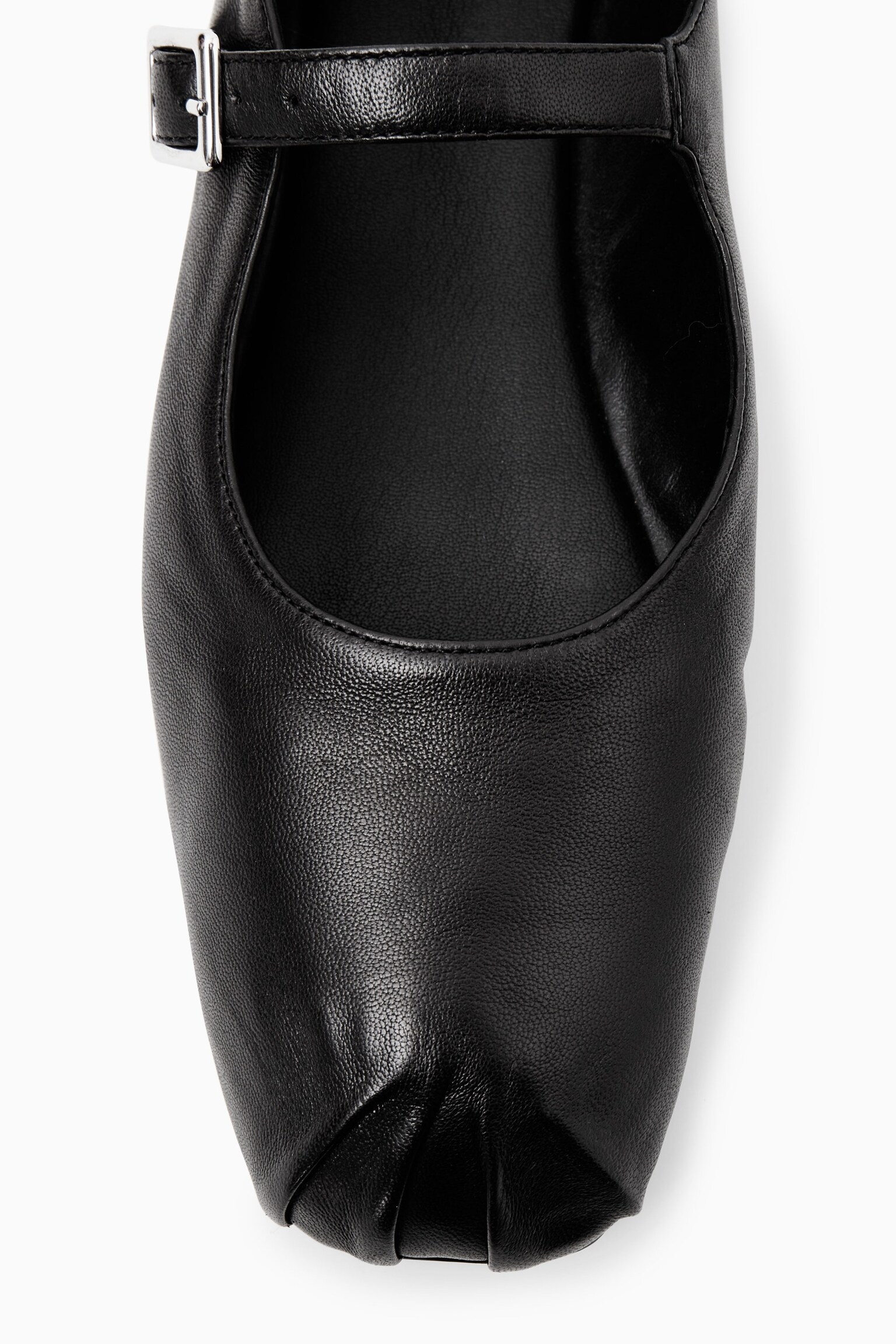 PLEATED LEATHER MARY-JANE BALLET FLATS - BLACK