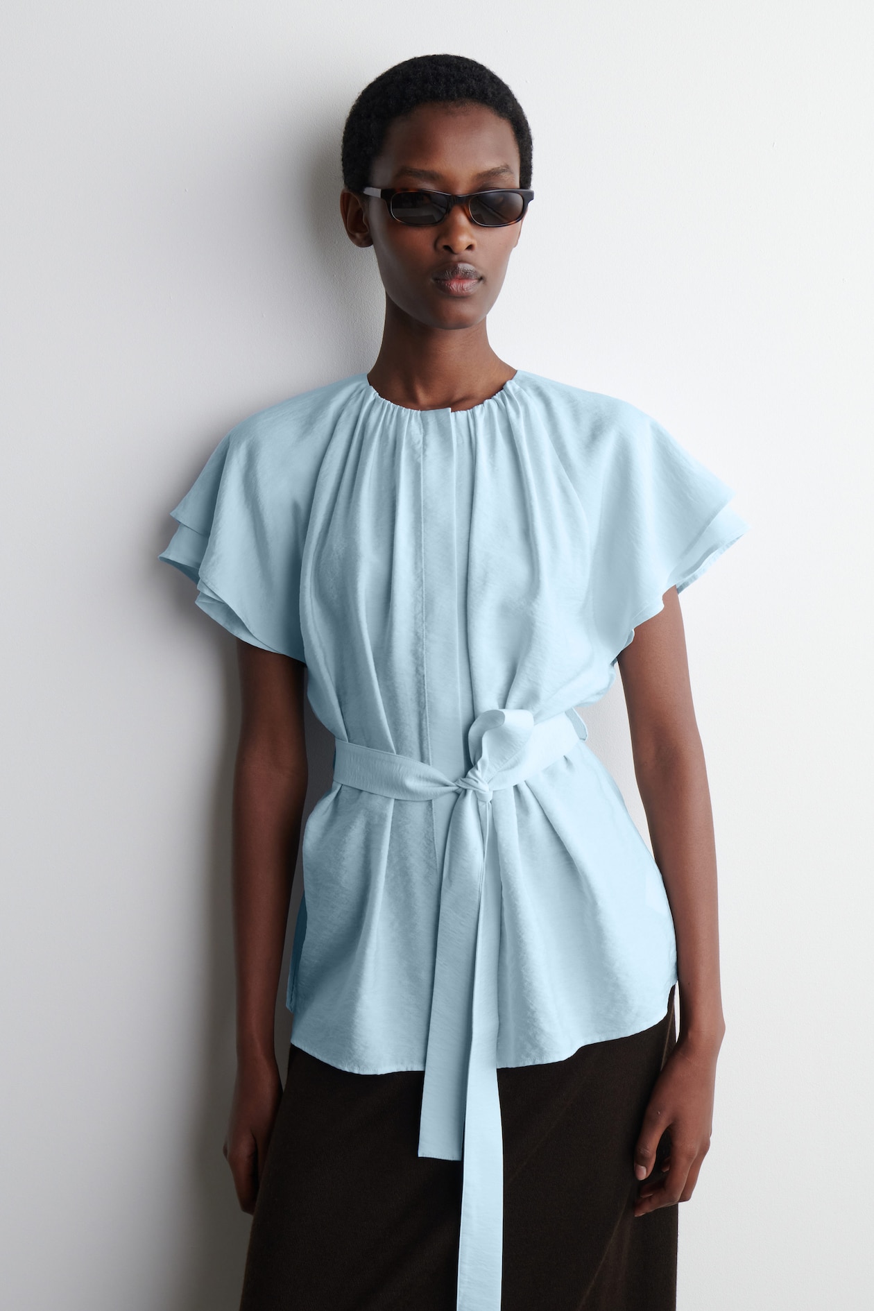 BLUSA A STRATI CON CINTURA - AZZURRO