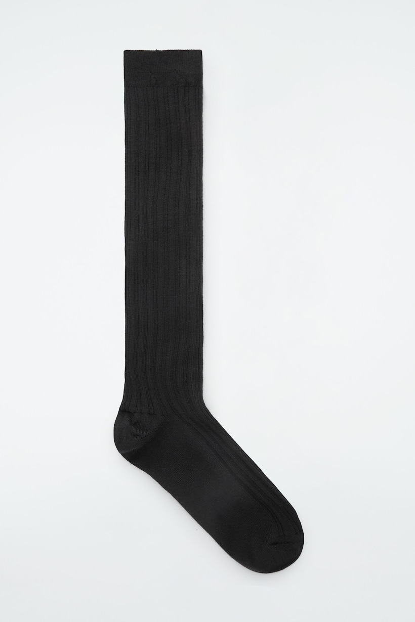 RIBBED MERINO WOOL KNEE SOCKS - BLACK