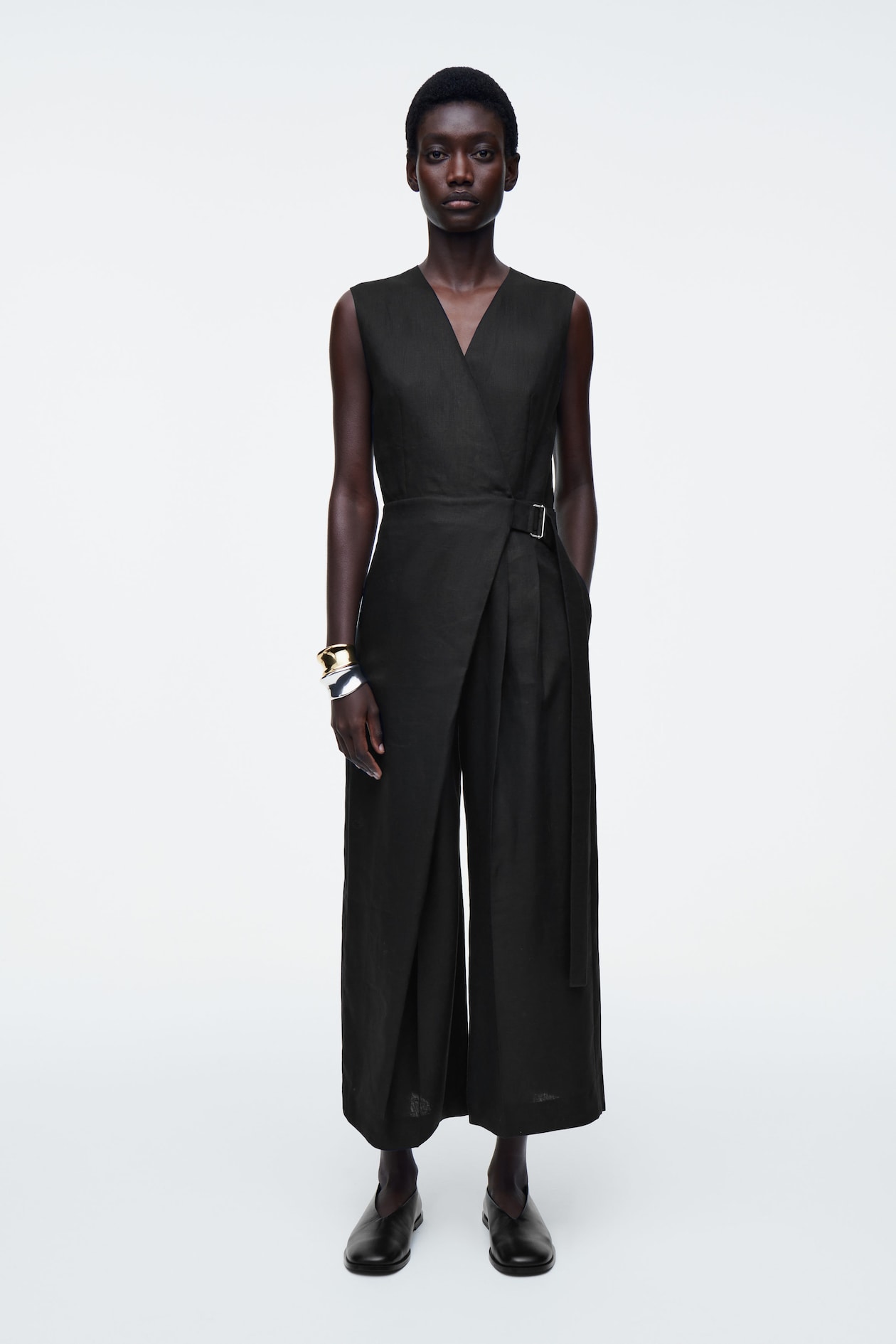 WRAP-FRONT LINEN JUMPSUIT - BLACK