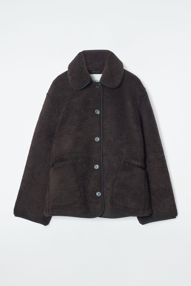 COLLARED FAUX SHEARLING JACKET - DARK BROWN