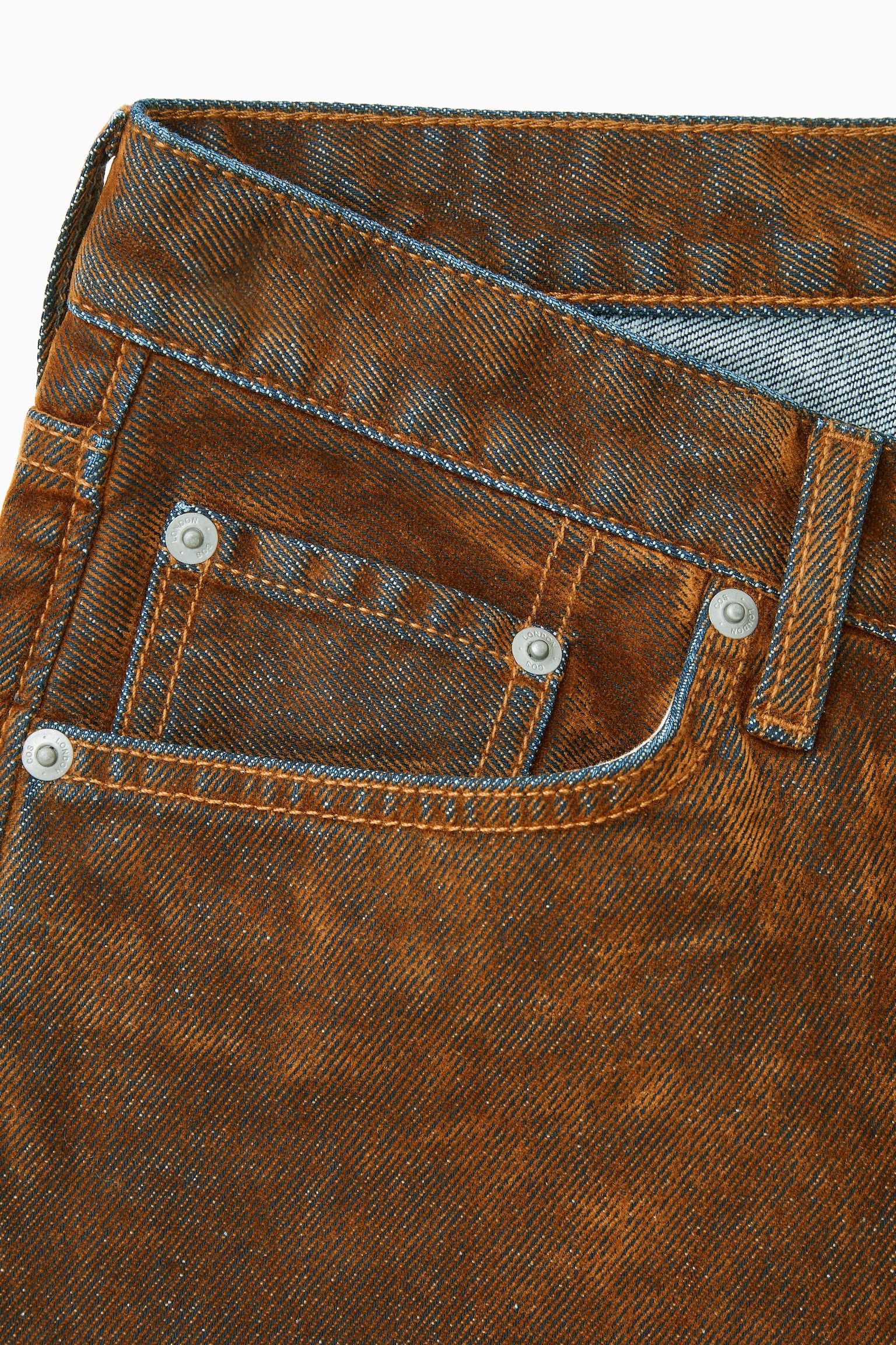 AMP FLOCKED STRAIGHT-LEG JEANS - RUST BROWN