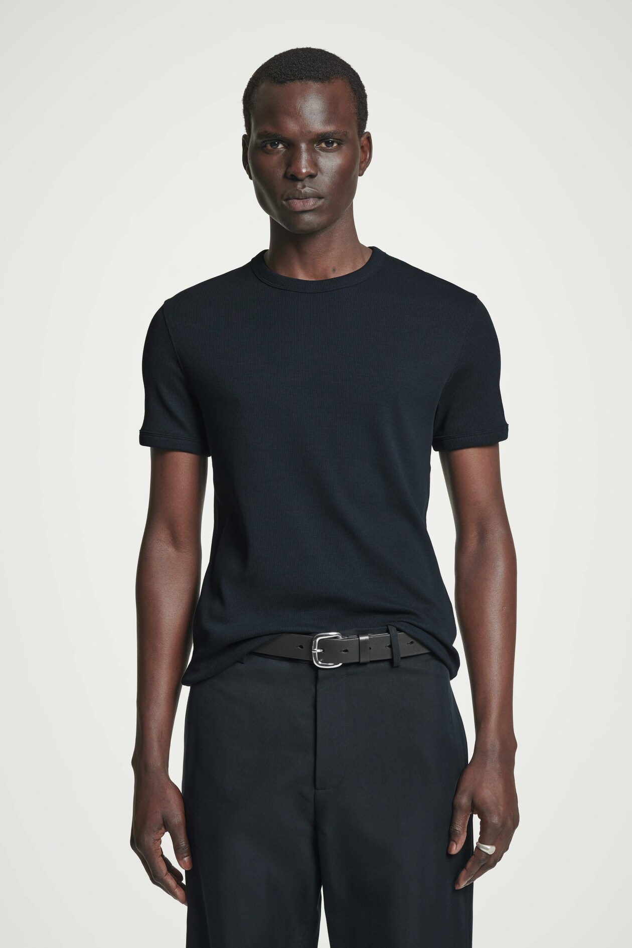 SLIM RIBBED COTTON T-SHIRT - NAVY