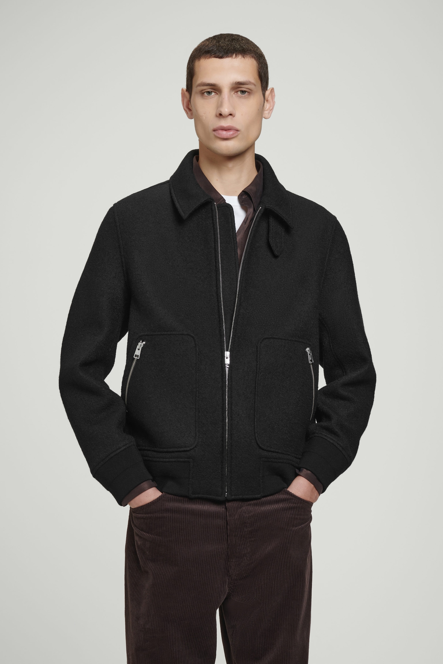 BOILED MERINO WOOL AVIATOR JACKET - BLACK