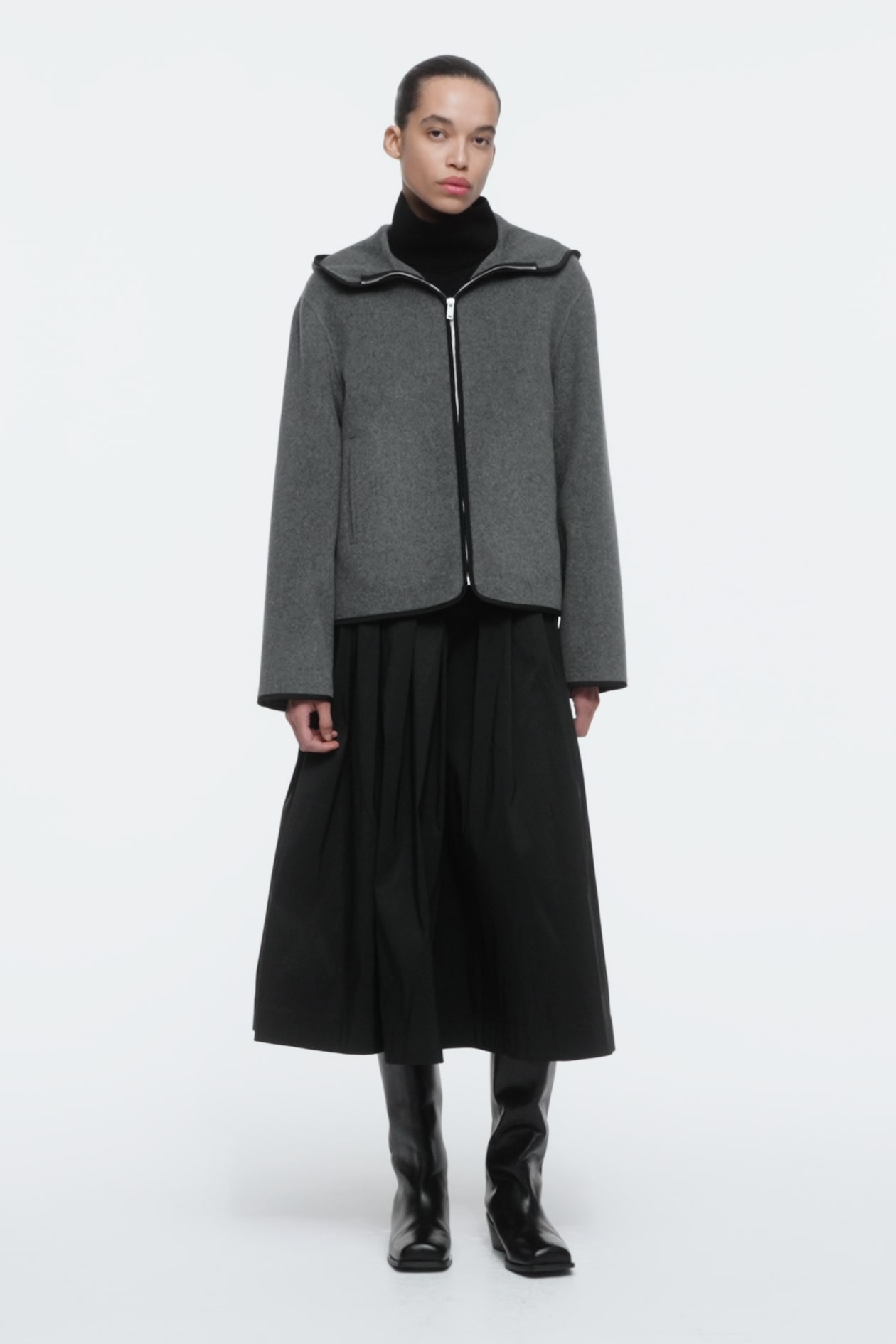 HOODED DOUBLE-FACED WOOL JACKET - GREY