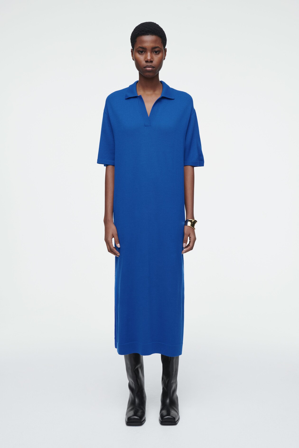 MERINO WOOL POLO DRESS - COBALT