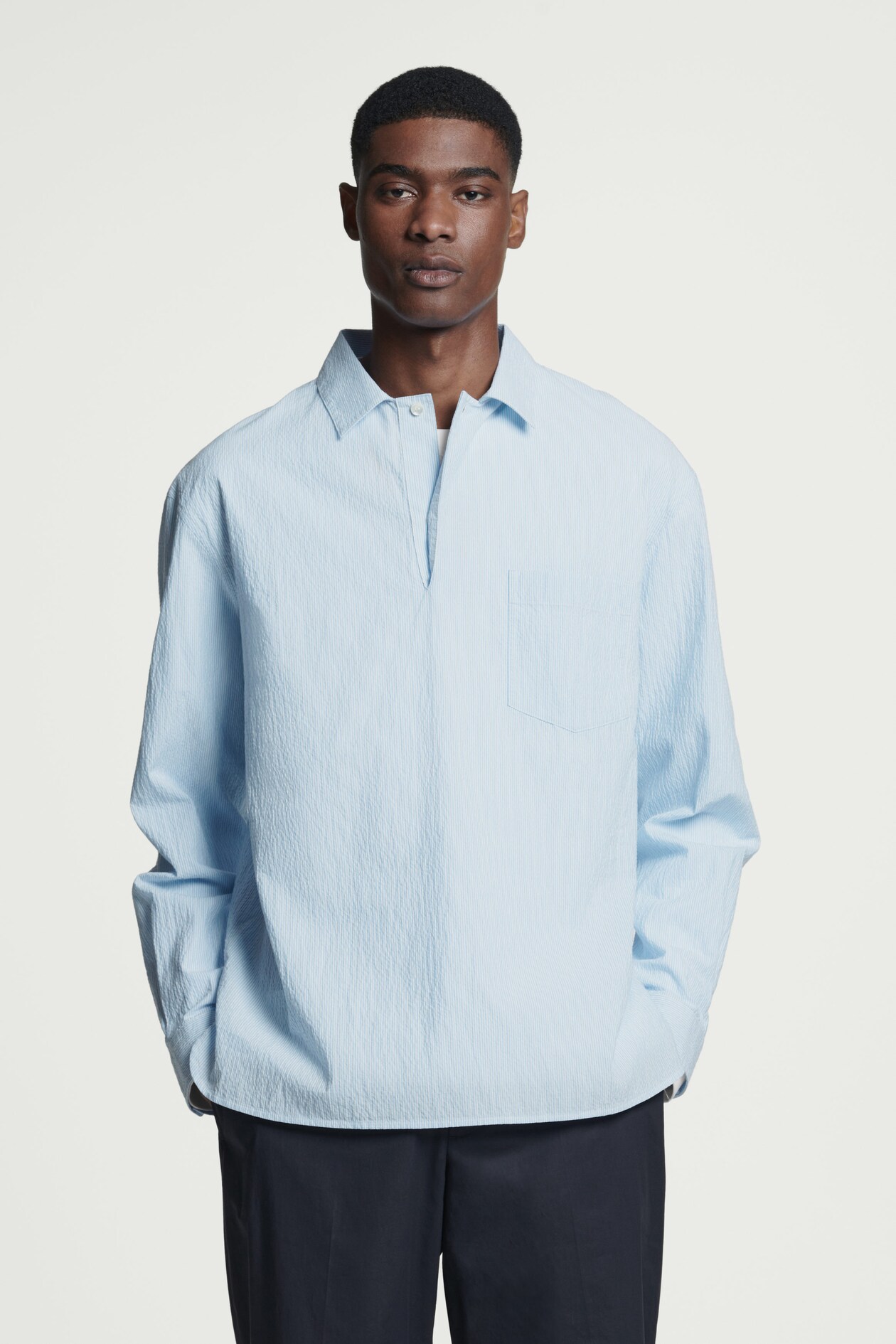 COTTON-SEERSUCKER POPOVER SHIRT - GREY-BLUE