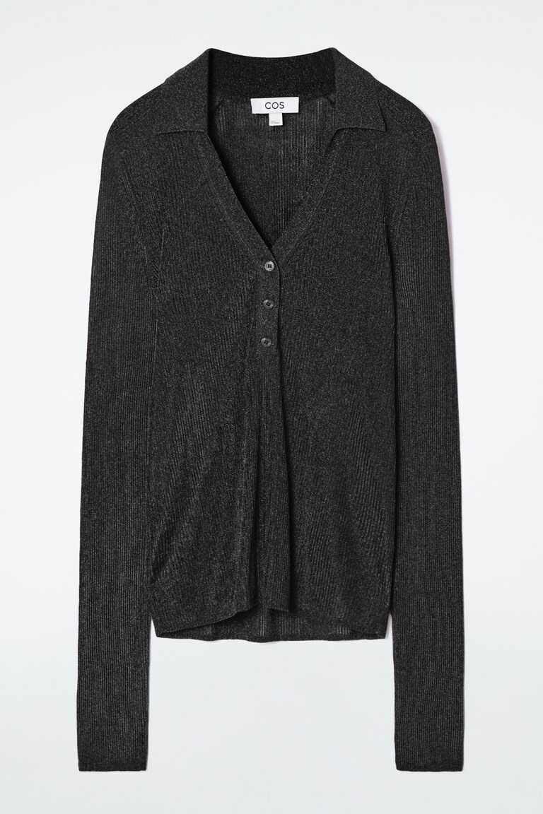 GLITZERNDES POLOSHIRT AUS RIPPSTRICK - SCHWARZ